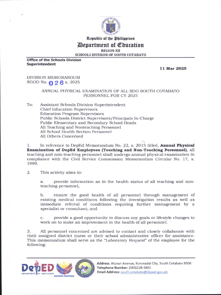 DM Sgod No. 026, S. 2025-Annual Physical Examination of All Sdo South ...