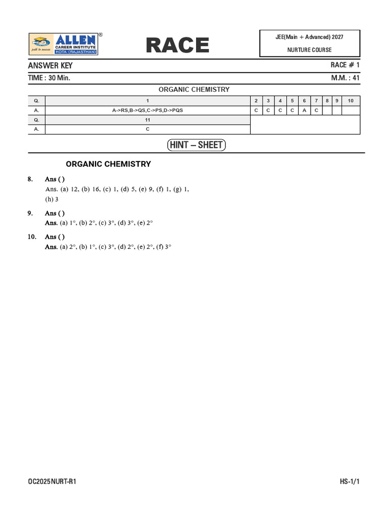 Oc 2026 Nurt Race 1 Answer Key | PDF