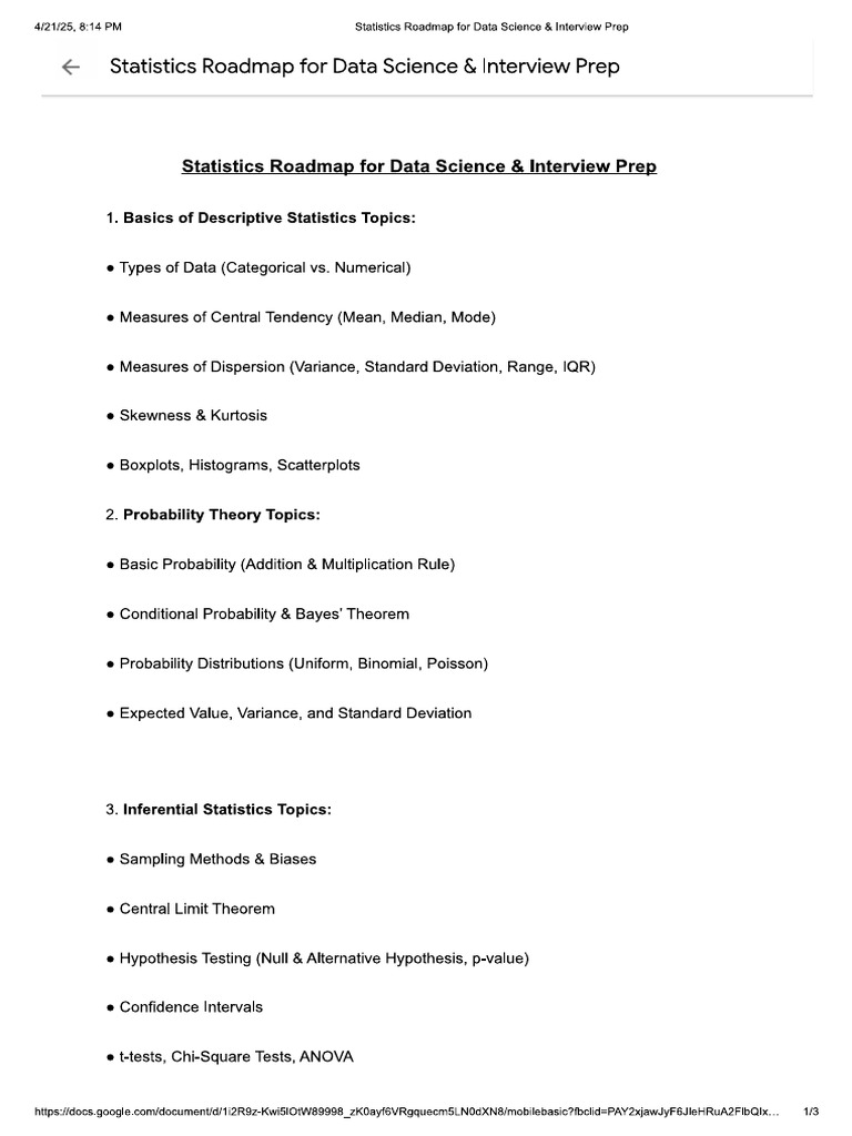 Statistics Roadmap | PDF