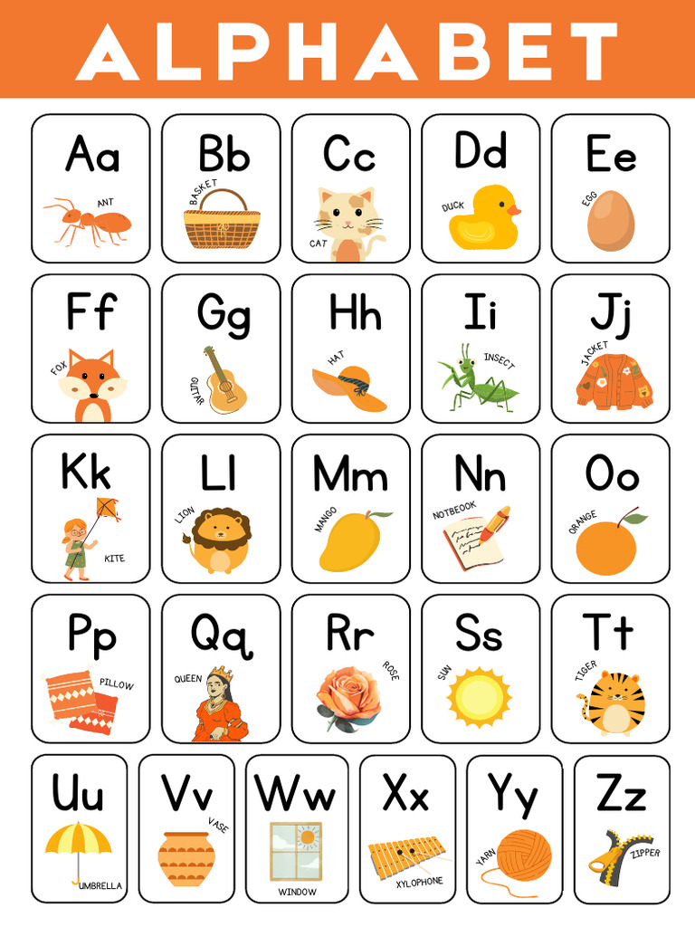 Alphabet Poster in Orange Green and Yellow Simple Cute Illustrative ...