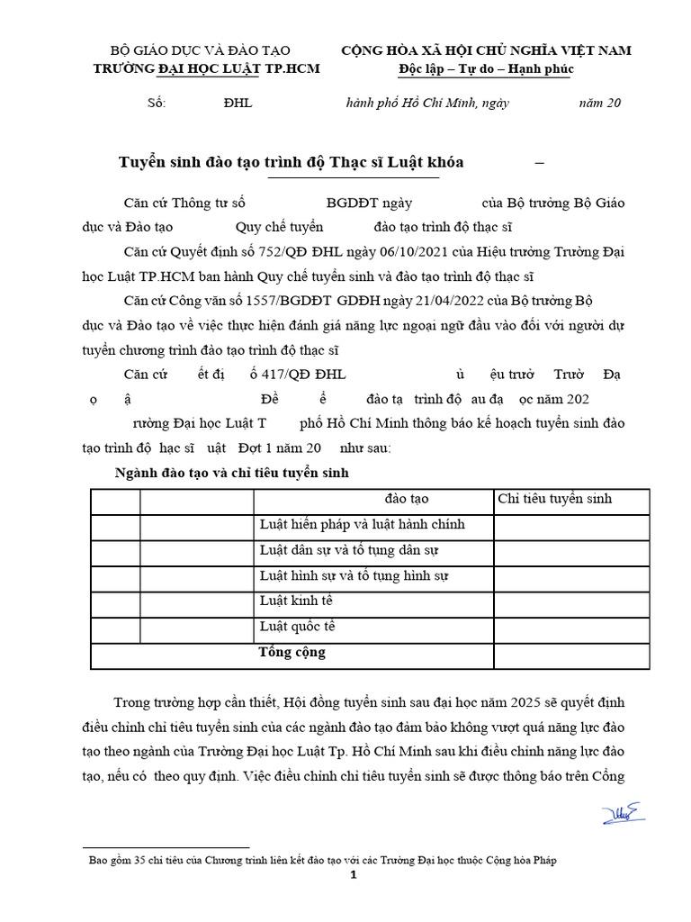 Thong Bao Ve Tiec Tuyen Sinh Dao Tao Trinh Do Thac Si k39 2025 2027 | PDF