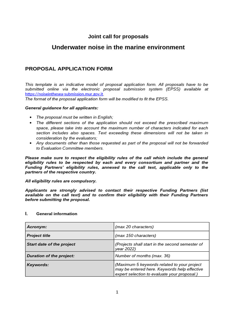Proposal Template - JPI Oceans Underwater Noise Call - Final | PDF