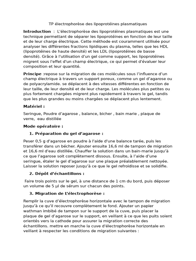 TP sur l'électrophorèse des lipoprotéines | PDF | Électrophorèse sur ...