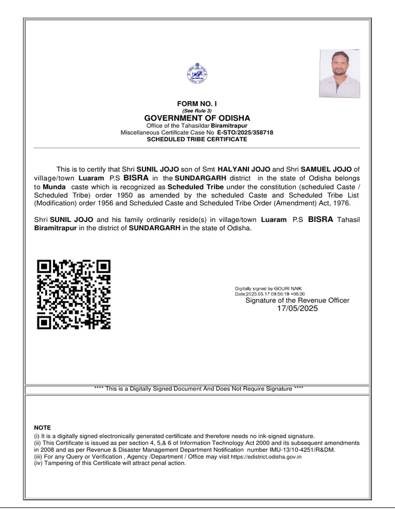 Schedule Tribe Certificate | PDF