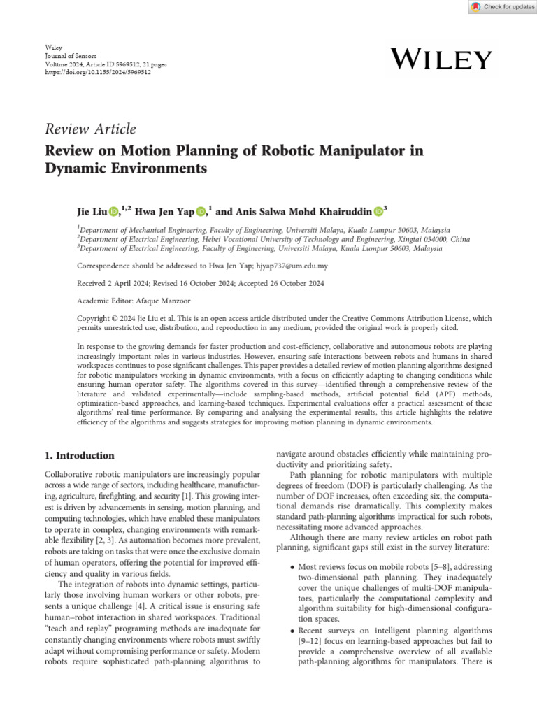 Journal of Sensors - 2024 - Liu - Review On Motion Planning of Robotic Manipulator in Dynamic ...