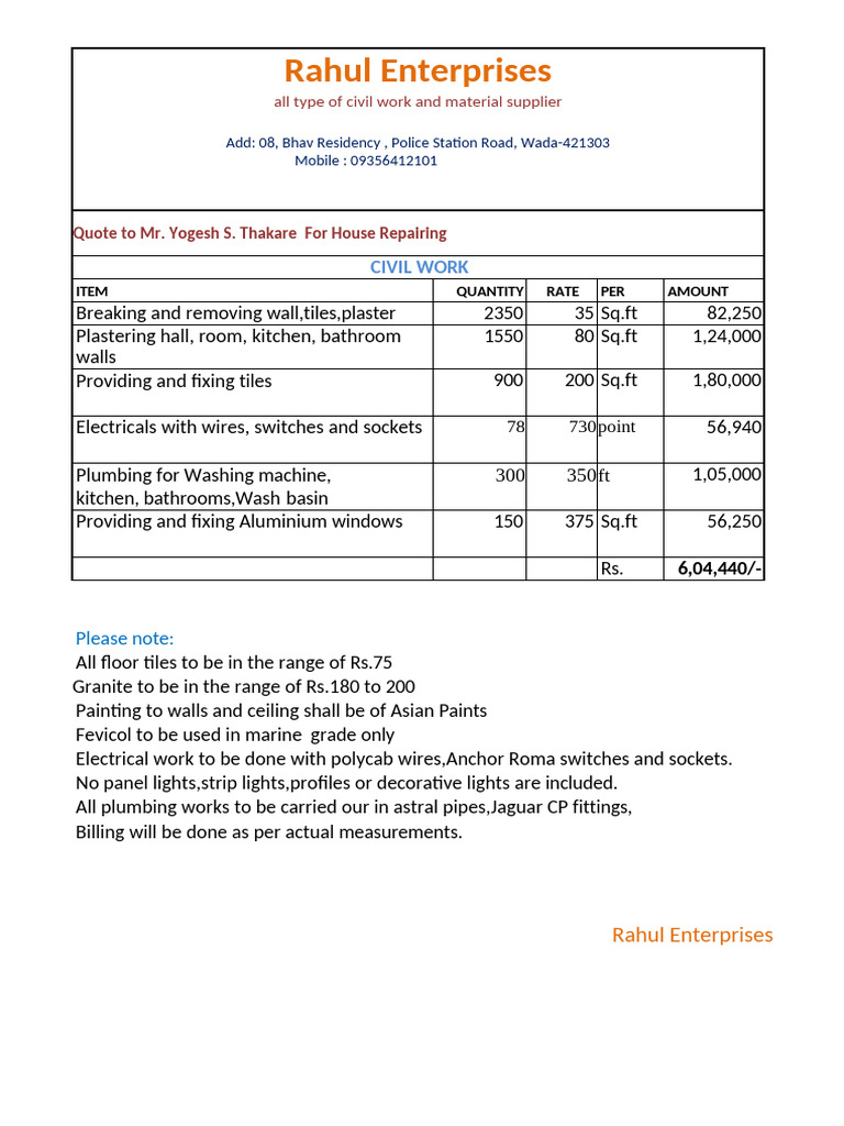 Civil Work Quote | PDF
