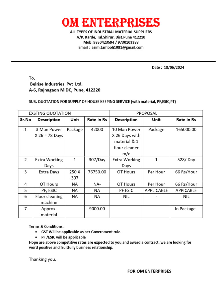 Quotation for Housekeeping Services | PDF