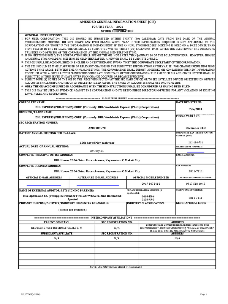 DHL Philippines Amended GIS 2021 | PDF | Securities (Finance) | Board ...