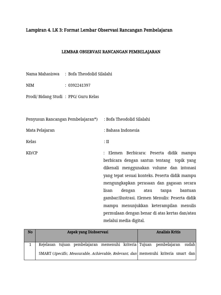 Lampiran 4. LK 3 Format Lembar Observasi Rancangan Pembelajaran PPT3 | PDF