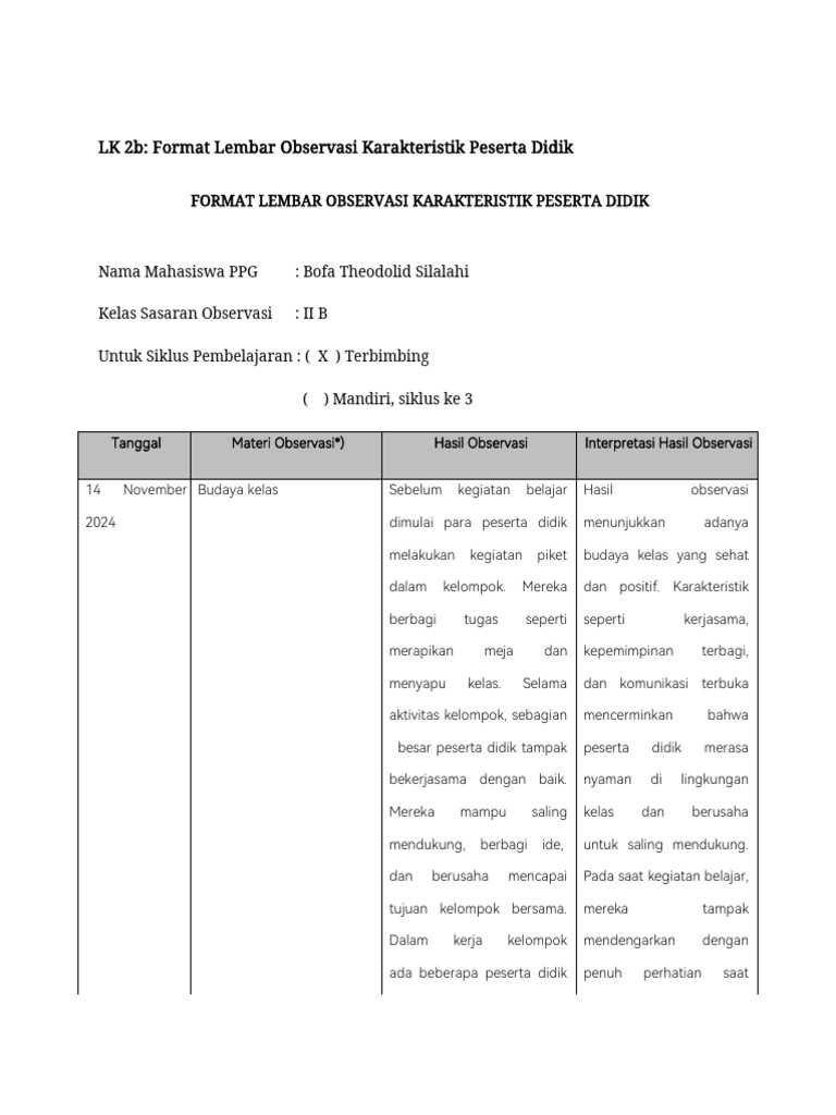 Lampiran 3. LK 2b Format Lembar Observasi Karakteristik Peserta Didik PPT3 | PDF