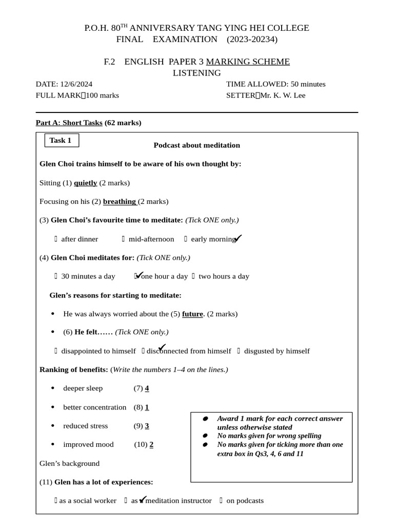 2324 Final Exam - F2 List Marking Scheme | PDF | Unidentified Flying ...