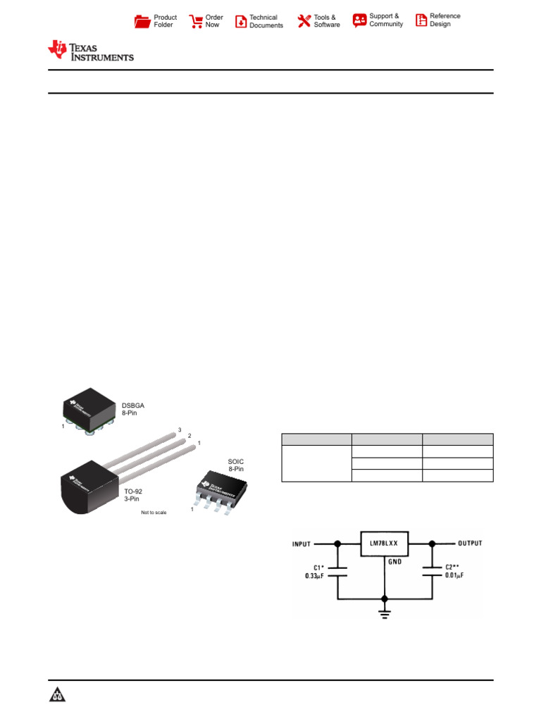 LM78L 100-Ma Fixed Output Linear Regulator: 1 Features 3 Description | PDF | Electrostatic ...