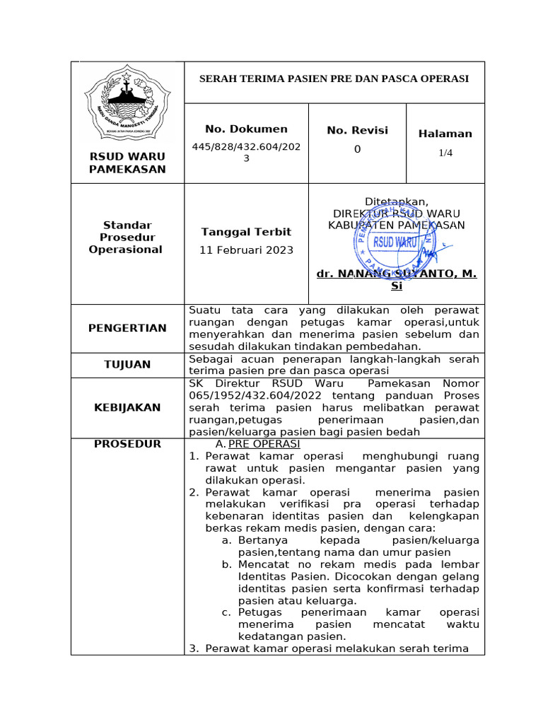 Sop Serah Terima Pre Post Op | PDF