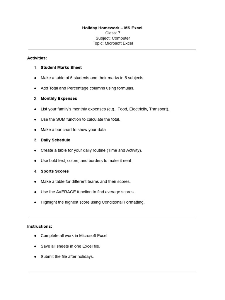 Class 7 Excel Practical Homework | PDF