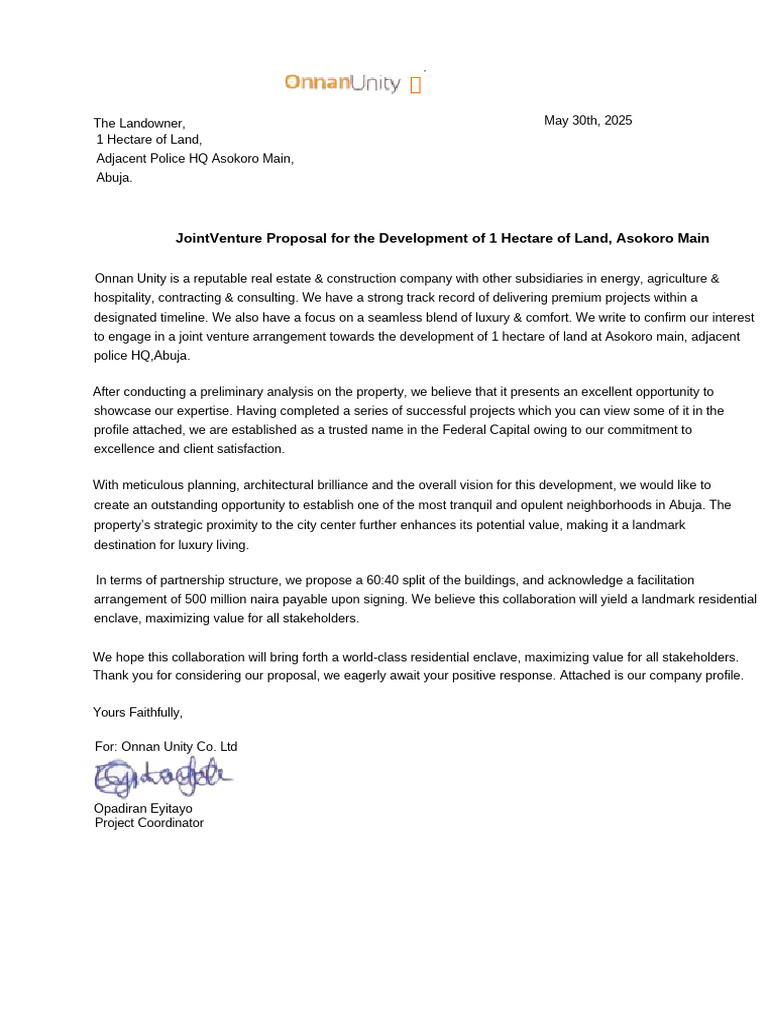 Onnan Unity LOI For ASOKORO JV | PDF