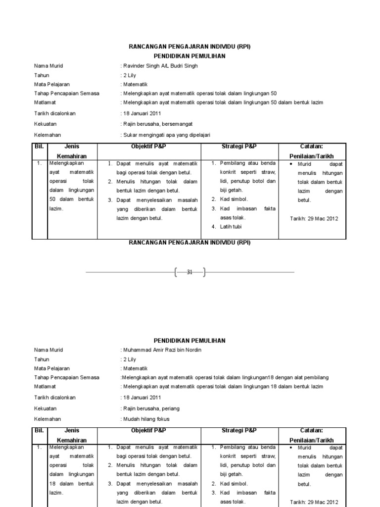 Rancangan Pengajaran Individu SKW Math | PDF