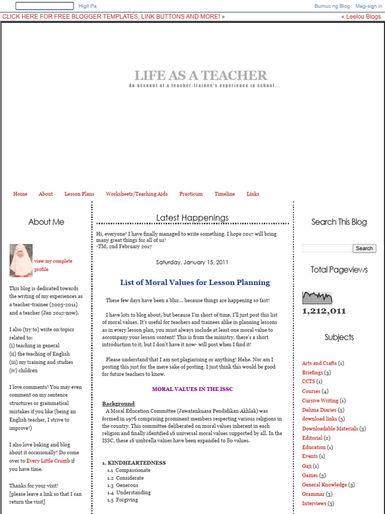 Life As A Teacher - List of Moral Values For Lesson Planning | PDF ...