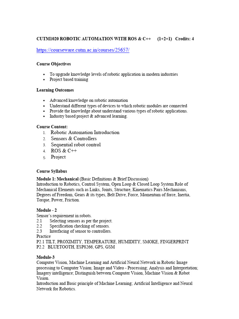 CUTM Robotics Automation Syllabus | PDF | Robotics | Robot
