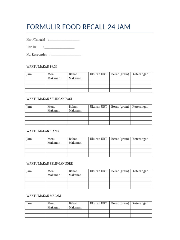 Formulir Food Recall 24 Jam | PDF