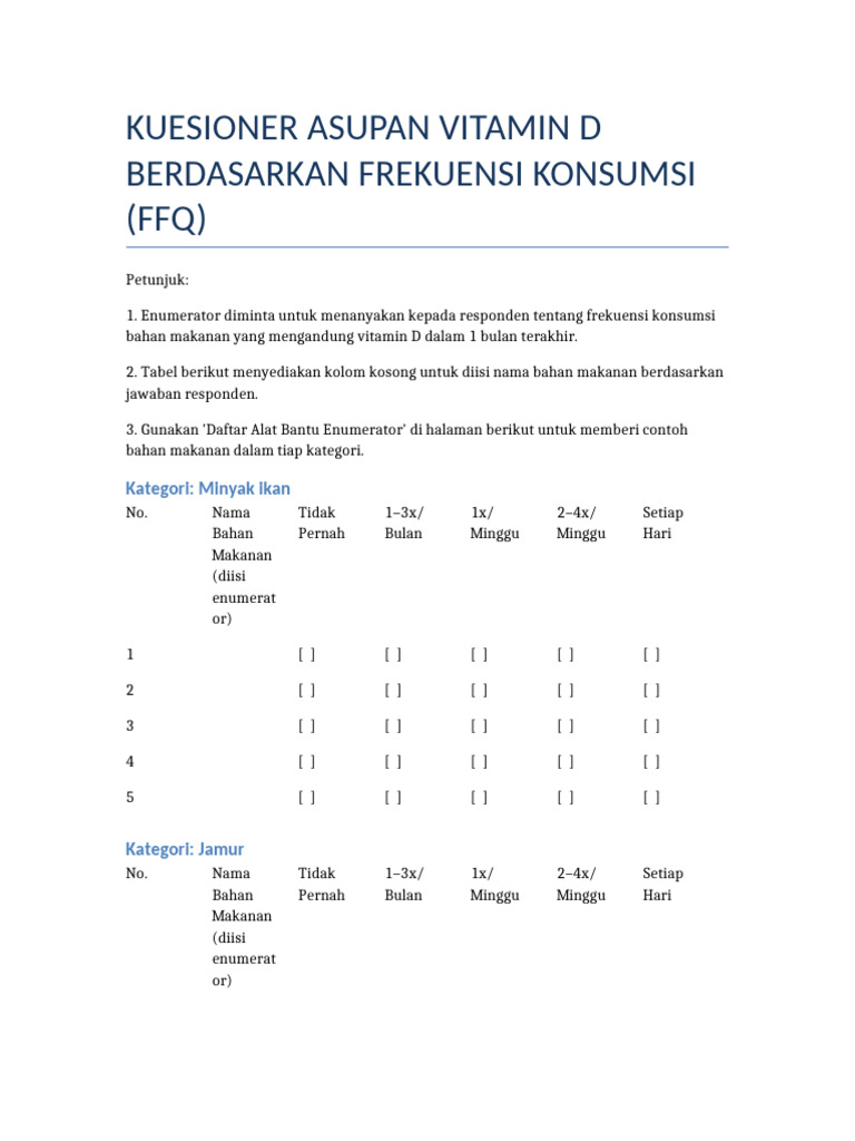 FFQ VitaminD Kuesioner Kosong Dan Panduan | PDF