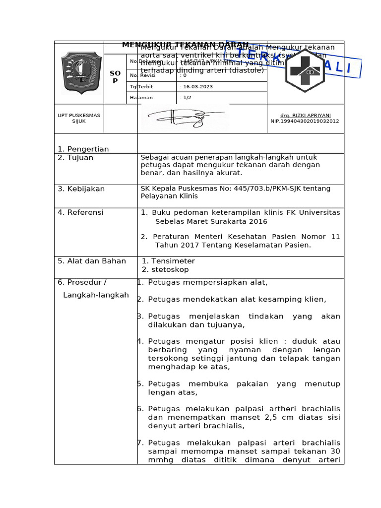 Sop Mengukur Tekanan Darah | PDF