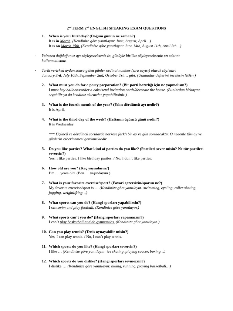 2nd Term 2nd English Speaking Exam Questions | PDF