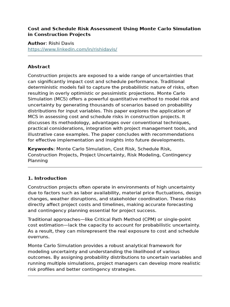 Cost and Schedule Risk Assessment Using Monte Carlo Simulation in ...