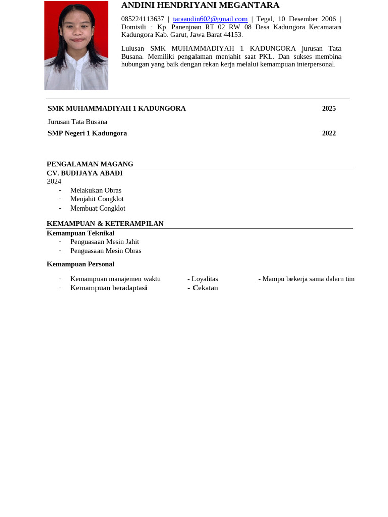 Cv Andini Hendriyani Megantara | PDF