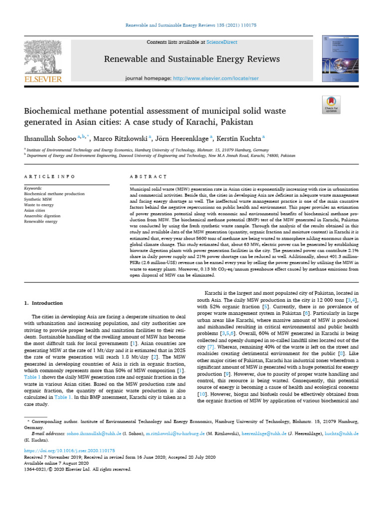 Biochemical Methane Potential Assessment of Municipal Solid Waste | PDF ...