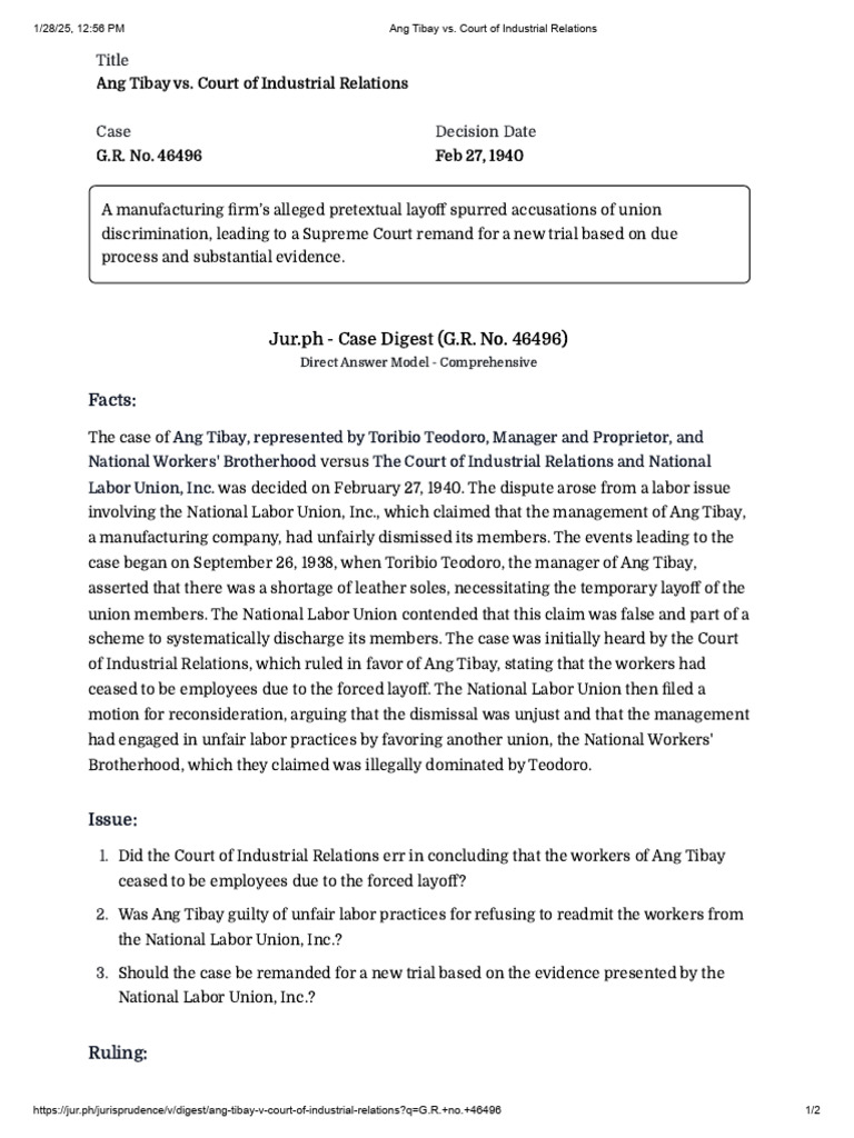 Ang Tibay vs. Court of Industrial Relations | PDF | Evidence | Trade Union