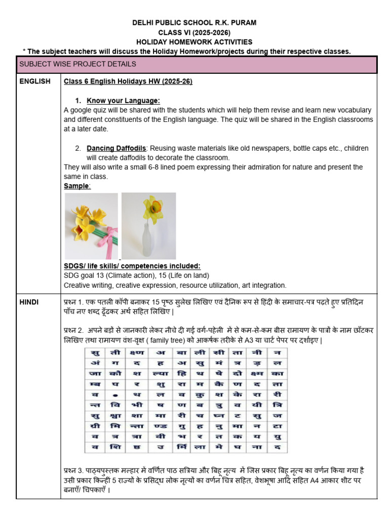 Class VI Holiday Homework 2025-26 | PDF