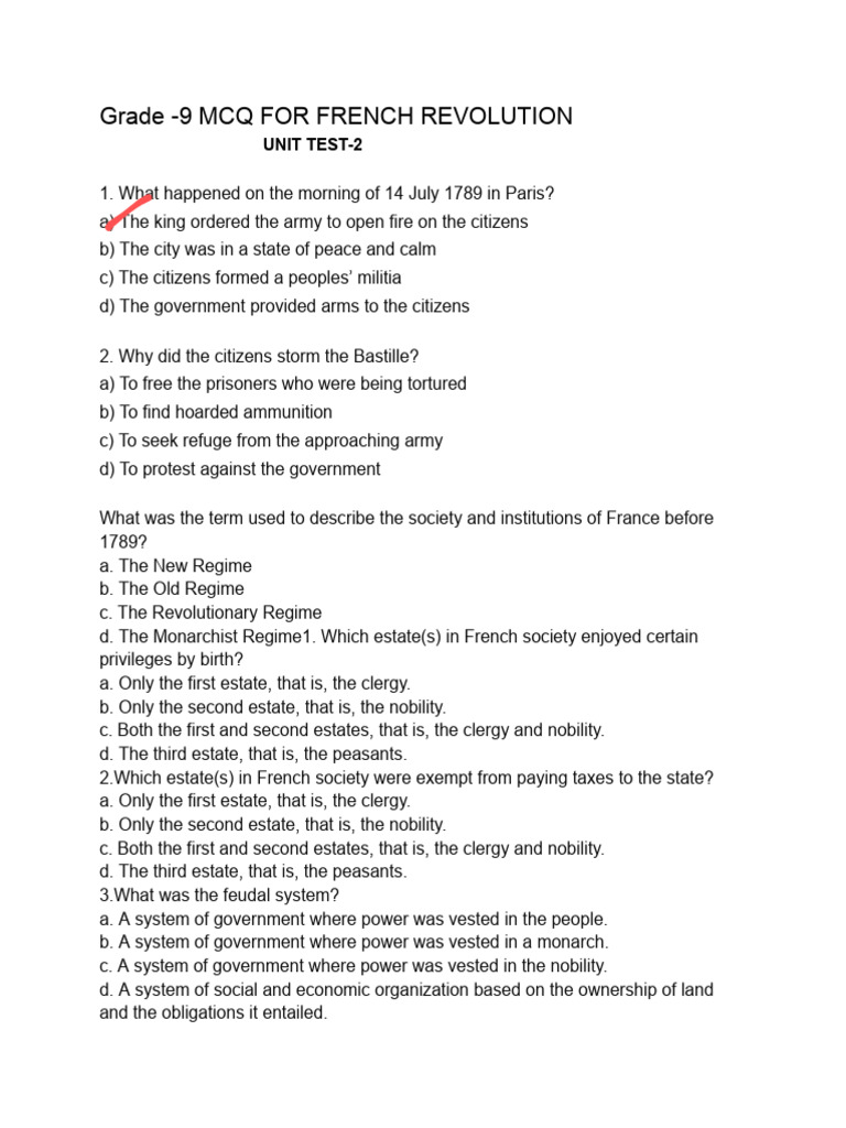 Grade 9 French Revolution MCQs | PDF | French Revolution | Political ...