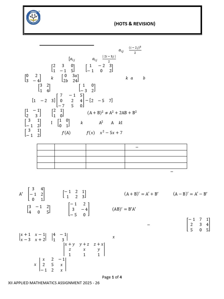 Class XII Applied Mathematics Unit - 2 Algebra HOTS REVISION Worksheet (2025 - 26) | PDF ...