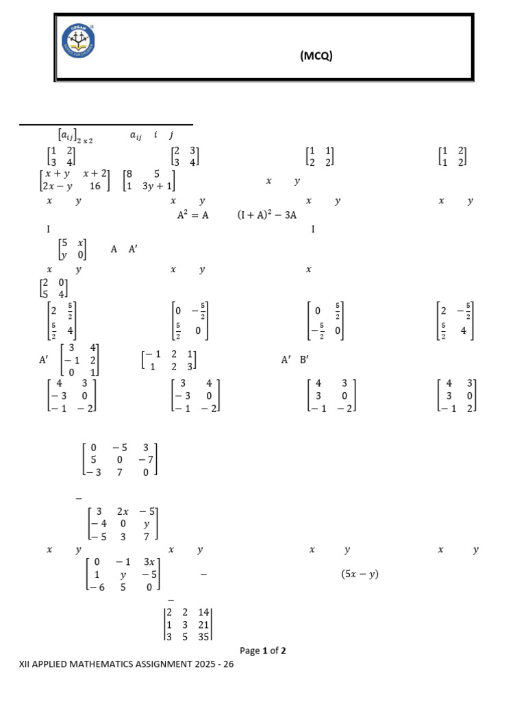 XII Algebra MCQ Assignment 2025-26 | PDF | Mathematics | Functions And ...