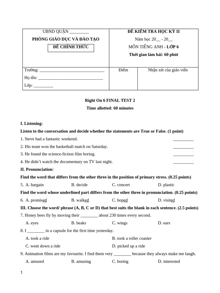 English Final Test for Grade 6 | PDF | Bus
