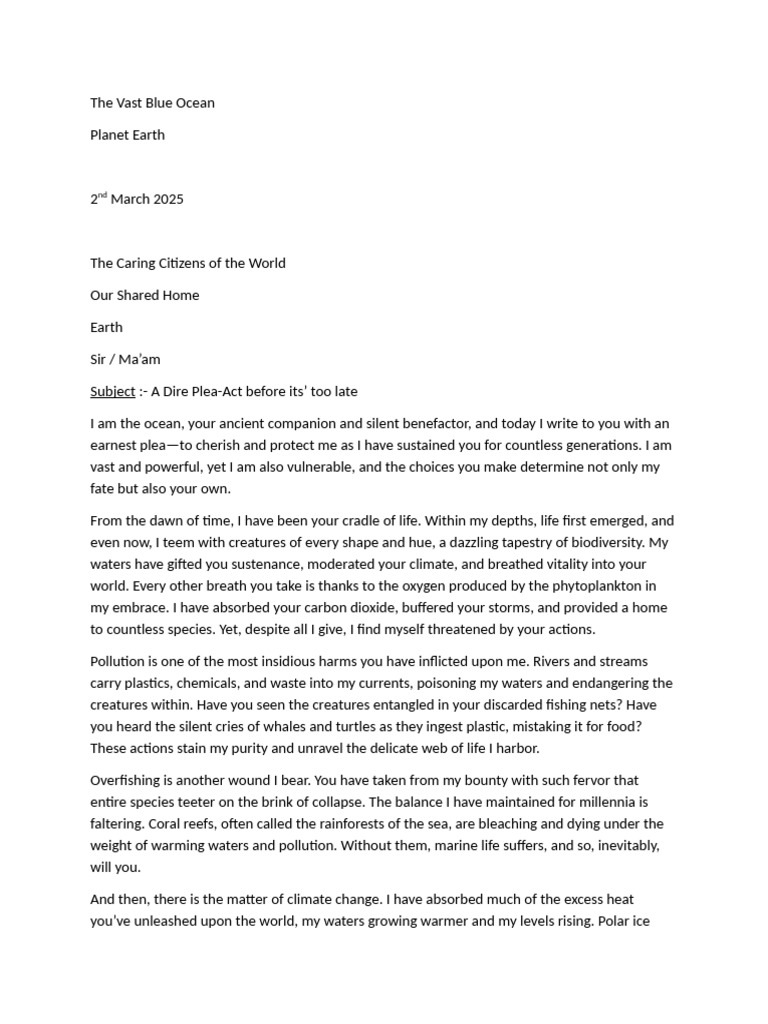 Divyam's Draft For UPU Letter Writing Competition | PDF | Climate Change | Water