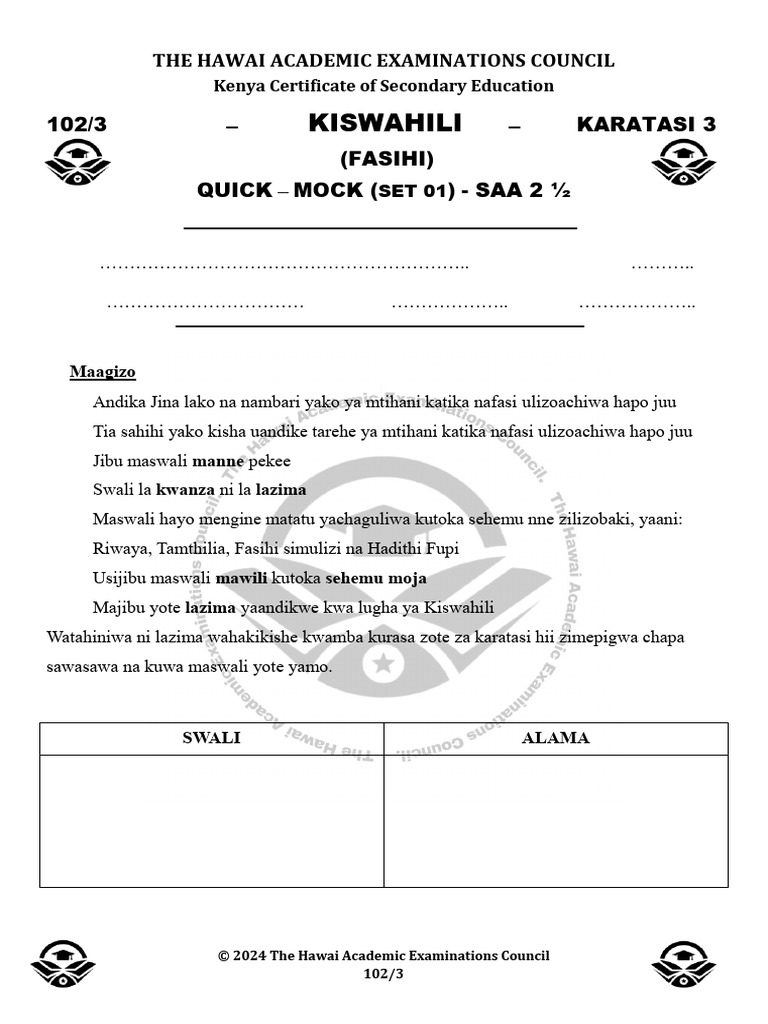 Hawai Kisw PP3 QS Set 01 - Quick Mock | PDF