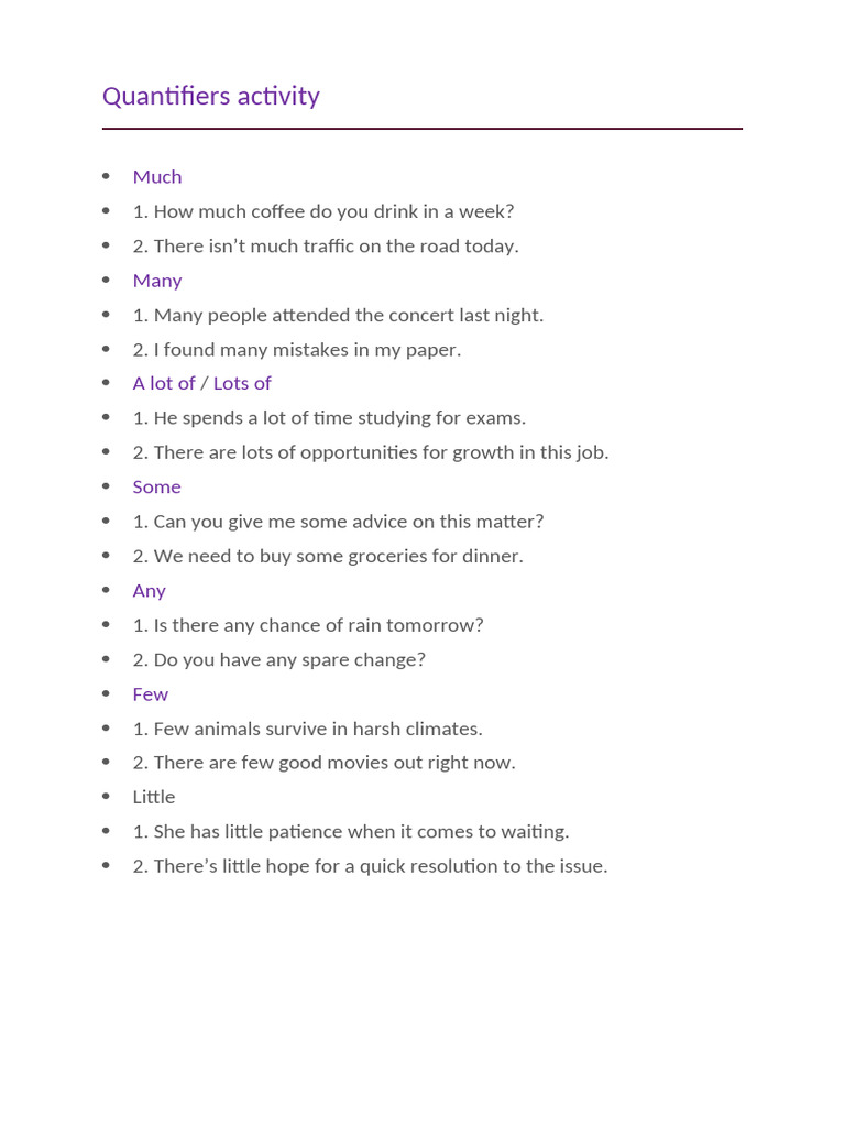 Quantifiers Activity | PDF
