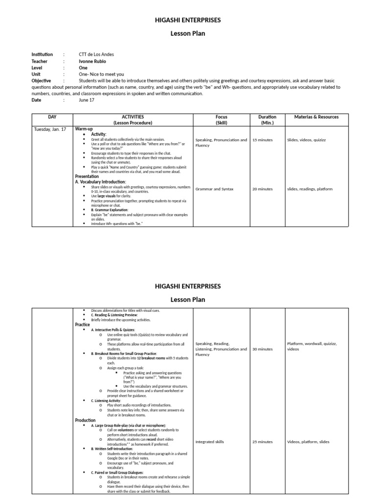 Lesson Plan Unit 1 - Nice To Meet You | PDF | Lesson Plan | Cognitive Science