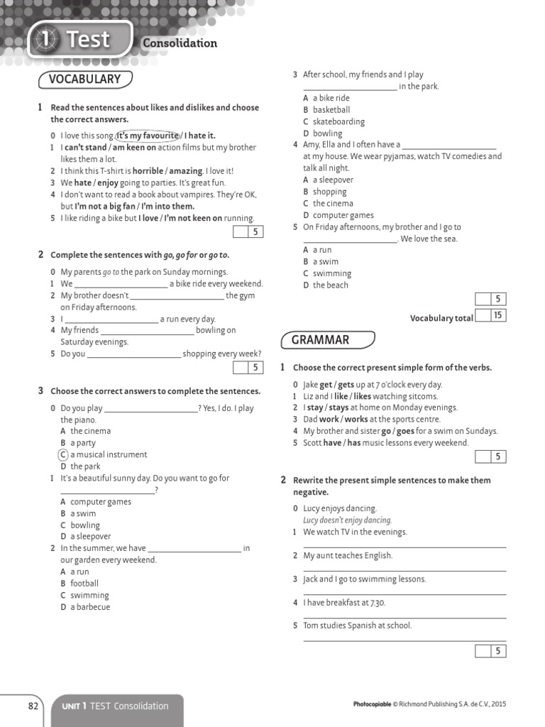 Unit 1 Test: Likes, Dislikes, and Grammar | PDF