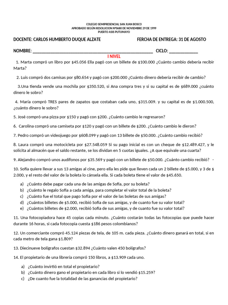 Prueba de Matematicas 3a-B-I Nivel | PDF