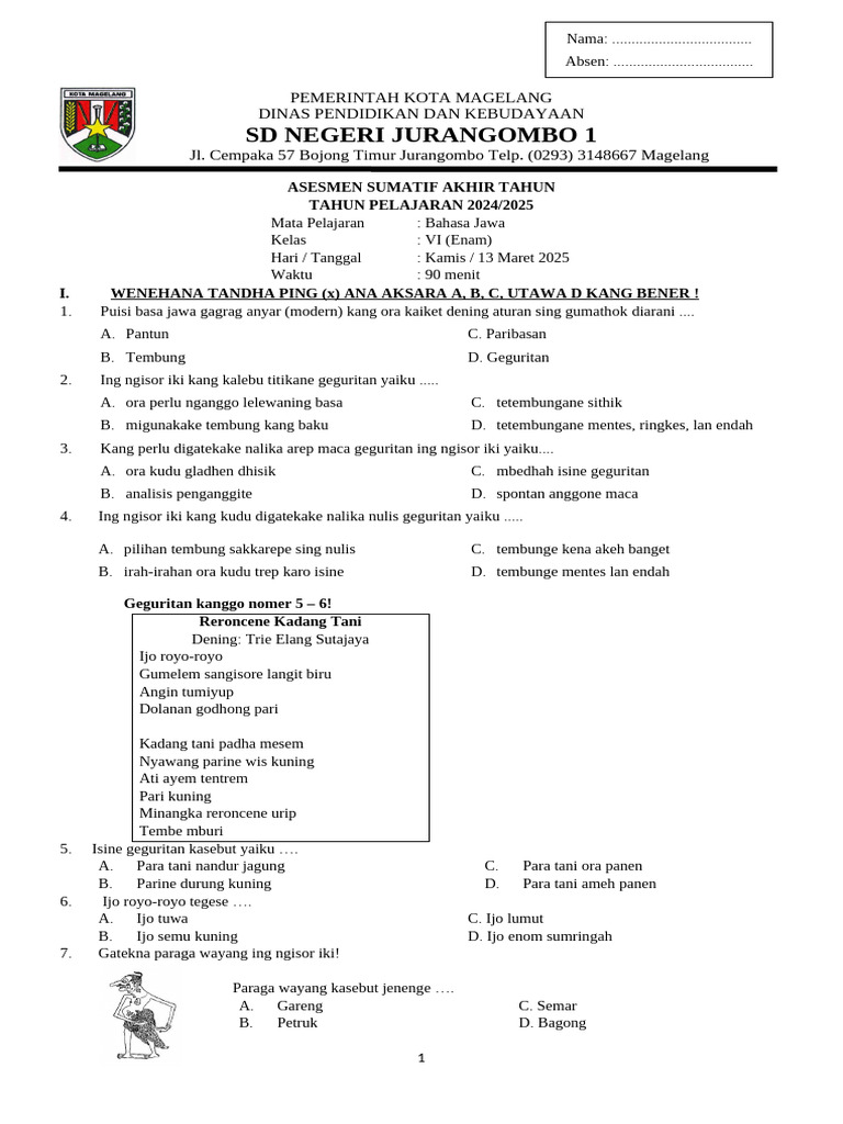 Soal B.jawa ASAT Dan Kunci JO1 | PDF