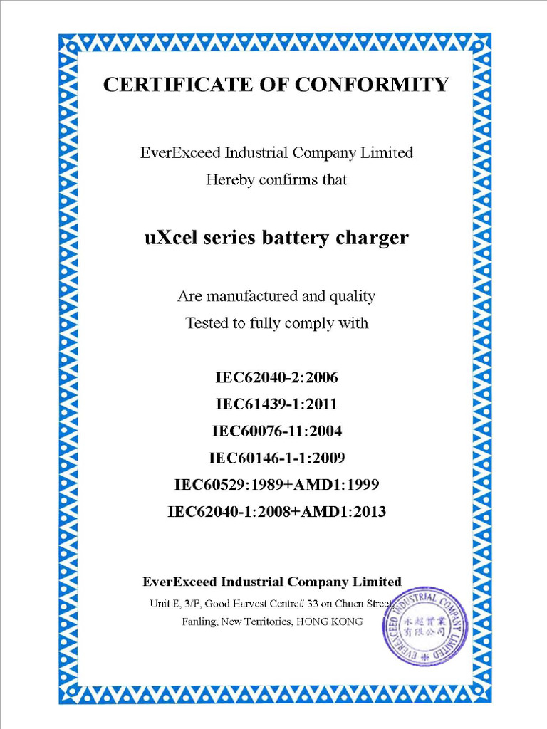 Certificate of Conformity - UXcel Series Battery Charger | PDF