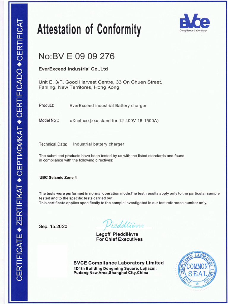 EverExceed Industrial Battery Charger Attestation of Conformity | PDF