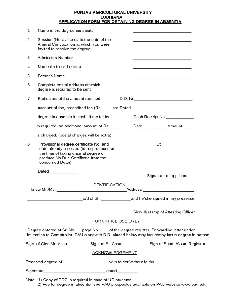 PAU Degree Application Form in Absentia | PDF