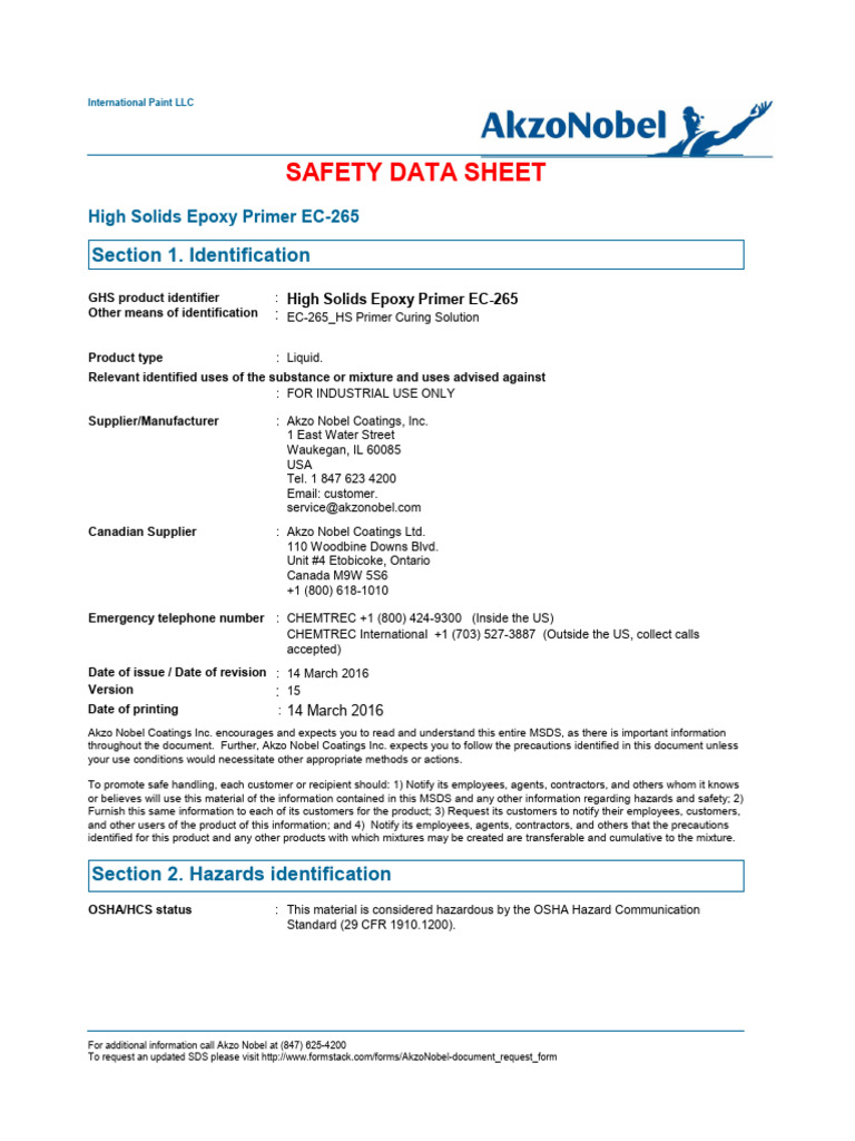 Safety Data Sheet: Section 1. Identification | PDF | Toxicity | Occupational Safety And Health