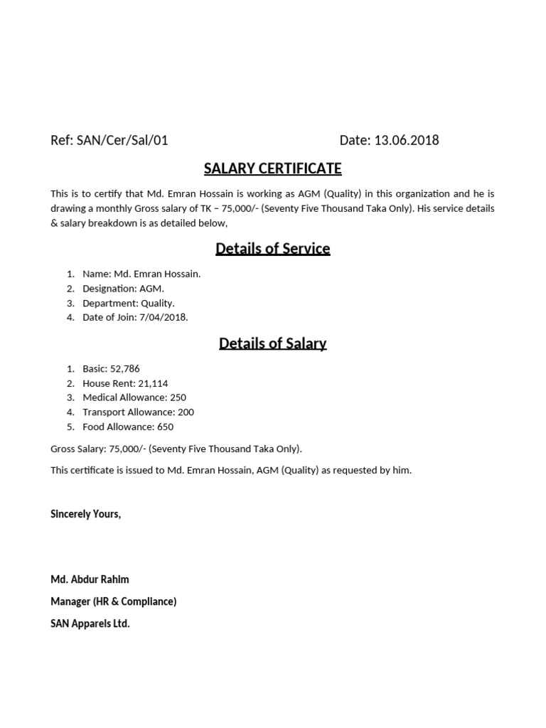 Salary Certificate for Md. Emran Hossain | PDF