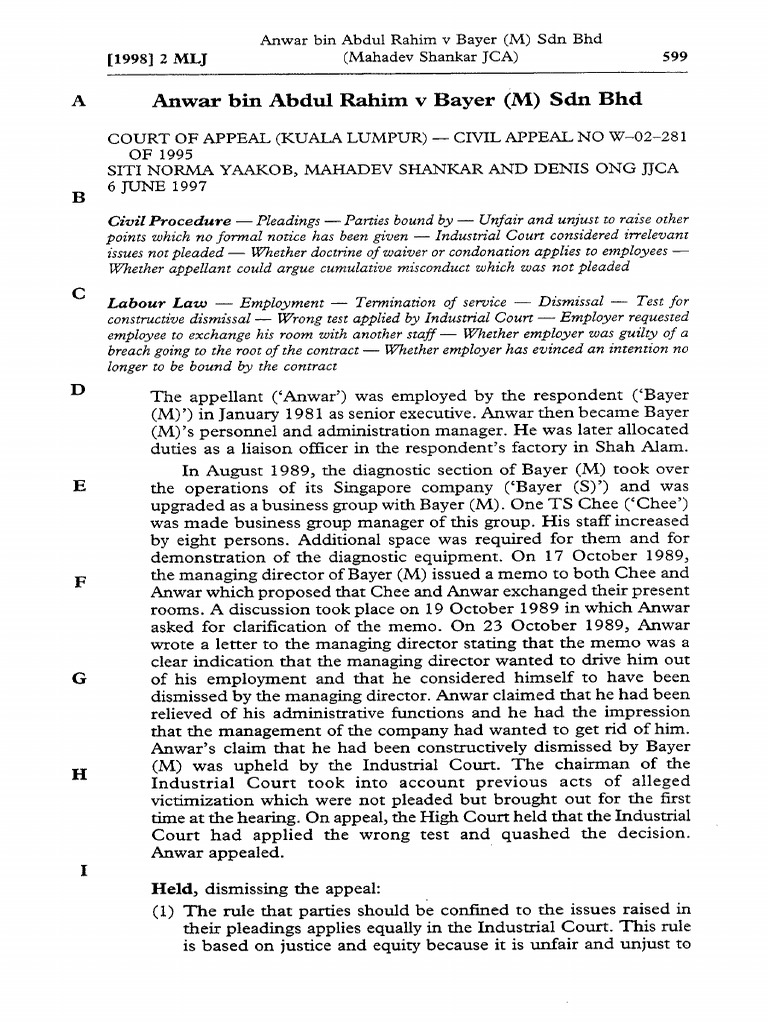 Anwar Bin Abdul Rahim V Bayer (M) SDN BHD | PDF