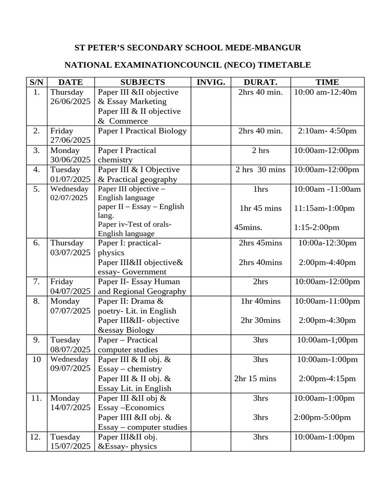 Neco Timetable St. Peters | PDF | Chess Openings | Chess Theory