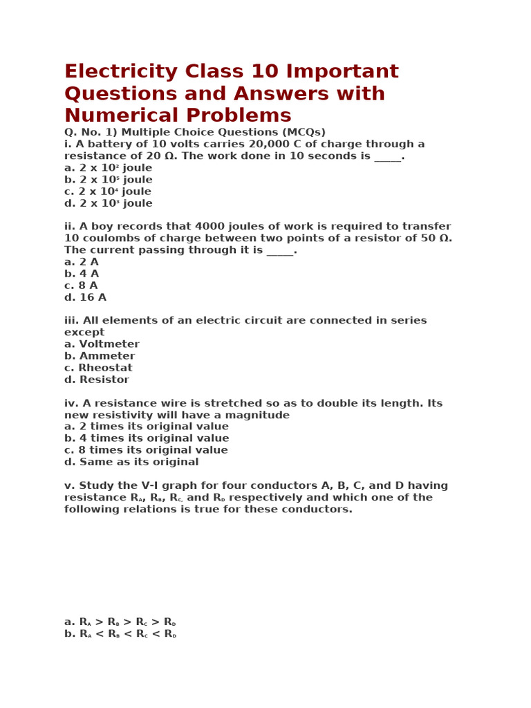 Class 10 Electricity: Key Questions | PDF | Electronics | Electronic ...